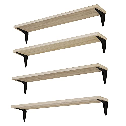 Wallniture Arras Floating Shelves for Living Room Wall Decor, Bookshelf Units Office & Kitchen Organization Wall Shelves Set of 4, Natural Wood Shelf 24"x4.5"