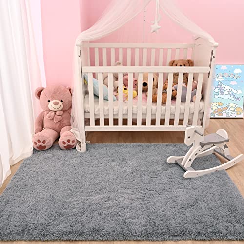 Przemy Fluffy Bedroom Rug 4 x 6 Ft Area Rugs for Living Room, Super Soft Shag Rug, Indoor Modern Fluffy Carpet Rugs for Bedroom Kids Girls Room Dorm Home Decor, Non-Slip Plush Nursery Rug, Grey