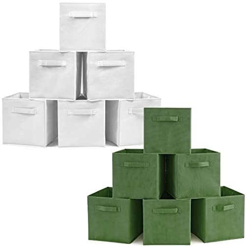 EZOWare Set of 12 Foldable Basket Bin Collapsible Storage Cube For Nursery, Kids Toys Organizer, Shelf Cabinet - (Kale Green+ White)