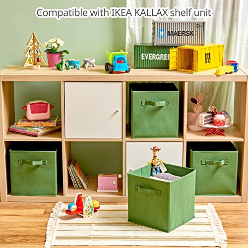 EZOWare Set of 12 Foldable Basket Bin Collapsible Storage Cube For Nursery, Kids Toys Organizer, Shelf Cabinet - (Kale Green+ White)