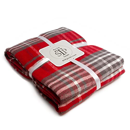 STP GOODS Cotton Red Throw Blanket Plaid for Couch Sofa Bed 86.6 х 63'' Twin Soft Warm Blanket with Fringe Scotch Travel Blanket (Red / Gray)