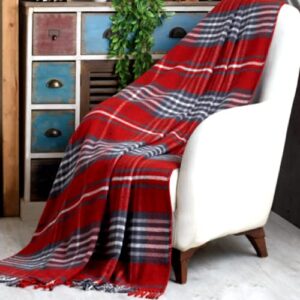 STP GOODS Cotton Red Throw Blanket Plaid for Couch Sofa Bed 86.6 х 63'' Twin Soft Warm Blanket with Fringe Scotch Travel Blanket (Red / Gray)