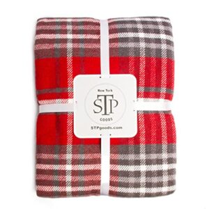 STP GOODS Cotton Red Throw Blanket Plaid for Couch Sofa Bed 86.6 х 63'' Twin Soft Warm Blanket with Fringe Scotch Travel Blanket (Red / Gray)