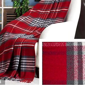 STP GOODS Cotton Red Throw Blanket Plaid for Couch Sofa Bed 86.6 х 63'' Twin Soft Warm Blanket with Fringe Scotch Travel Blanket (Red / Gray)