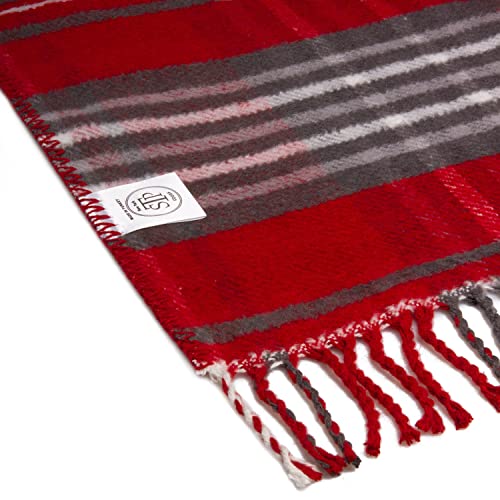 STP GOODS Cotton Red Throw Blanket Plaid for Couch Sofa Bed 86.6 х 63'' Twin Soft Warm Blanket with Fringe Scotch Travel Blanket (Red / Gray)