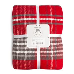 STP GOODS Cotton Red Throw Blanket Plaid for Couch Sofa Bed 86.6 х 63'' Twin Soft Warm Blanket with Fringe Scotch Travel Blanket (Red / Gray)