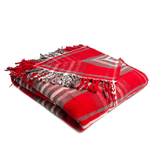 STP GOODS Cotton Red Throw Blanket Plaid for Couch Sofa Bed 86.6 х 63'' Twin Soft Warm Blanket with Fringe Scotch Travel Blanket (Red / Gray)