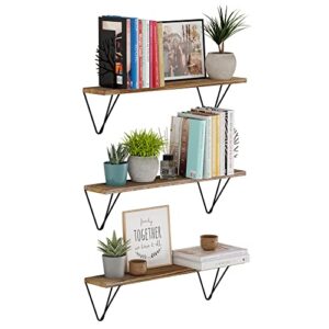 wallniture colmar floating shelves for living room decor, 24″ wall shelf kitchen organization and storage shelves for bathroom accessories, bookshelf set of 3, burnt