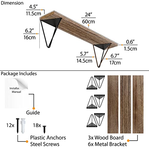 Wallniture Colmar Floating Shelves for Living Room Decor, 24" Wall Shelf Kitchen Organization and Storage Shelves for Bathroom Accessories, Bookshelf Set of 3, Burnt