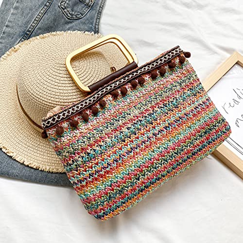 Tekzitfuir Women Straw Tote Bag Straw Beach Handbags Weaving Shoulder Bag Purse Woven Bags in Summer (Colorful) Small Size