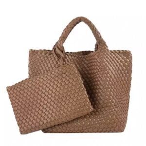 Spring & Summer Handmade Woven Tote Handbag, Vegan Leather, (Light Brown)