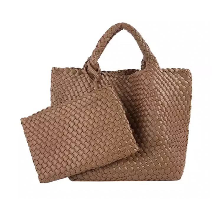 Spring & Summer Handmade Woven Tote Handbag, Vegan Leather, (Light Brown)