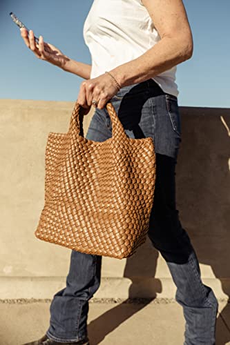 Spring & Summer Handmade Woven Tote Handbag, Vegan Leather, (Light Brown)