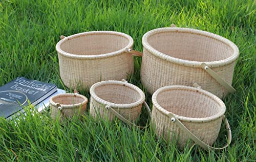 Teng Jin Open Round Nantucket Lightship Baskets with Handles Handwoven Storage Serving Baskets for Easter, Picnics, Gifts, Home Decor and More several sizes ranging from 5” 13”