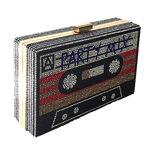 Fashion Culture Party Mix Retro Cassette Tape Kitsch Crystal Box Clutch Crossbody, Multi