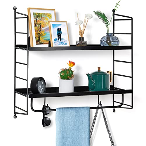 2 Tiers Multi-functional Wall Racks Floating Shelves , Wall Mounted Storage Shelves with Black Metal Frame and Towel Rack And Two Hooks for Bathroom, Bedroom, Living Room, Kitchen, Office (Black)