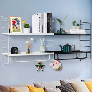 2 Tiers Multi-functional Wall Racks Floating Shelves , Wall Mounted Storage Shelves with Black Metal Frame and Towel Rack And Two Hooks for Bathroom, Bedroom, Living Room, Kitchen, Office (Black)