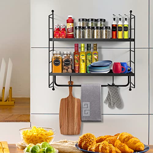 2 Tiers Multi-functional Wall Racks Floating Shelves , Wall Mounted Storage Shelves with Black Metal Frame and Towel Rack And Two Hooks for Bathroom, Bedroom, Living Room, Kitchen, Office (Black)