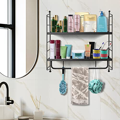 2 Tiers Multi-functional Wall Racks Floating Shelves , Wall Mounted Storage Shelves with Black Metal Frame and Towel Rack And Two Hooks for Bathroom, Bedroom, Living Room, Kitchen, Office (Black)