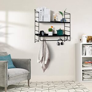 2 Tiers Multi-functional Wall Racks Floating Shelves , Wall Mounted Storage Shelves with Black Metal Frame and Towel Rack And Two Hooks for Bathroom, Bedroom, Living Room, Kitchen, Office (Black)