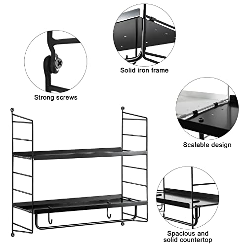 2 Tiers Multi-functional Wall Racks Floating Shelves , Wall Mounted Storage Shelves with Black Metal Frame and Towel Rack And Two Hooks for Bathroom, Bedroom, Living Room, Kitchen, Office (Black)