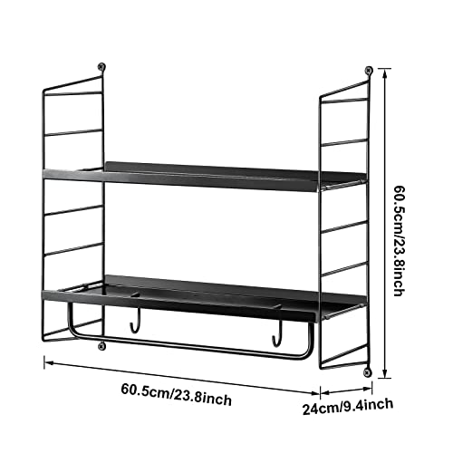 2 Tiers Multi-functional Wall Racks Floating Shelves , Wall Mounted Storage Shelves with Black Metal Frame and Towel Rack And Two Hooks for Bathroom, Bedroom, Living Room, Kitchen, Office (Black)