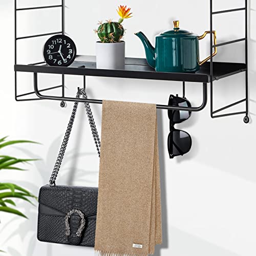 2 Tiers Multi-functional Wall Racks Floating Shelves , Wall Mounted Storage Shelves with Black Metal Frame and Towel Rack And Two Hooks for Bathroom, Bedroom, Living Room, Kitchen, Office (Black)