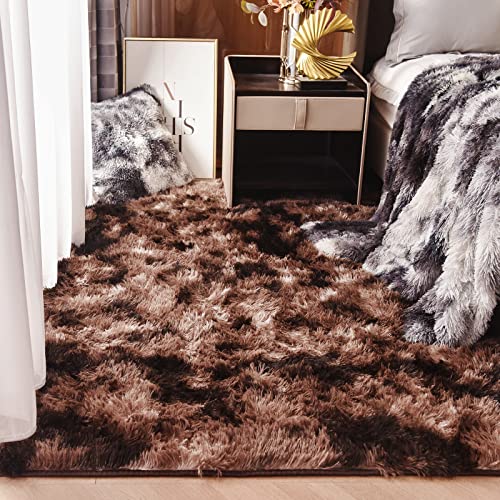 GONAAP Shag Area Rug Fluffy Faux Fur Playing Mat for Girls Bedroom Living Room Home Décor (Brown-White, 3' x 5')