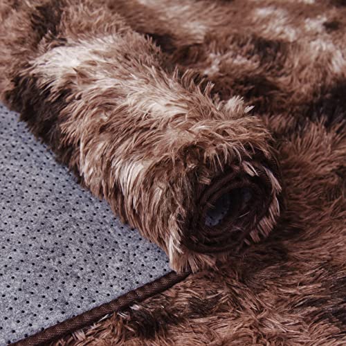 GONAAP Shag Area Rug Fluffy Faux Fur Playing Mat for Girls Bedroom Living Room Home Décor (Brown-White, 3' x 5')