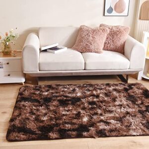 GONAAP Shag Area Rug Fluffy Faux Fur Playing Mat for Girls Bedroom Living Room Home Décor (Brown-White, 3' x 5')