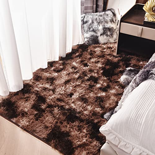 GONAAP Shag Area Rug Fluffy Faux Fur Playing Mat for Girls Bedroom Living Room Home Décor (Brown-White, 3' x 5')