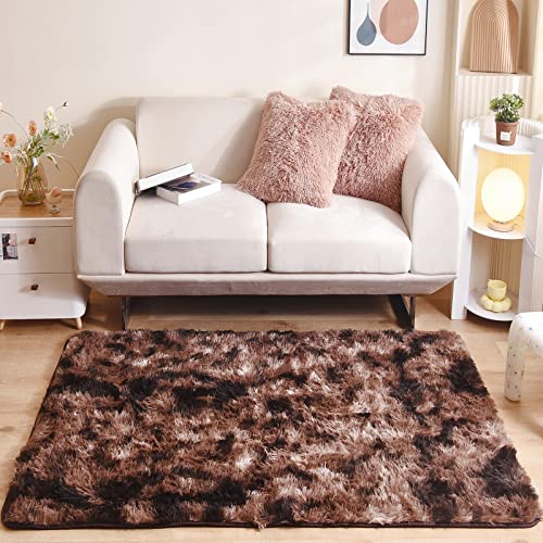 GONAAP Shag Area Rug Fluffy Faux Fur Playing Mat for Girls Bedroom Living Room Home Décor (Brown-White, 3' x 5')