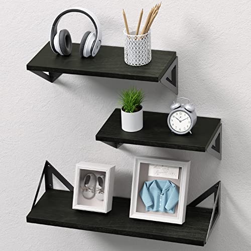 BAYKA Floating Shelves for Bedroom Decor, Rustic Wood Wall Shelves for Living Room Wall Mounted, Hanging Shelving for Bathroom, Laundry Room, Small Shelf for Plants, Books(Black,Set of 3)