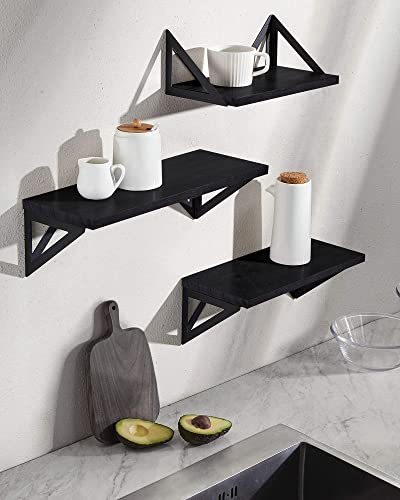 BAYKA Floating Shelves for Bedroom Decor, Rustic Wood Wall Shelves for Living Room Wall Mounted, Hanging Shelving for Bathroom, Laundry Room, Small Shelf for Plants, Books(Black,Set of 3)