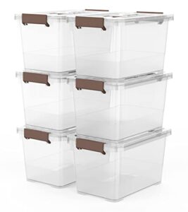 wyt 6-pack clear 7 quart storage latch box/bins, plastic stackable latching box with brown handle and lid, multi-purpose, 7 litre