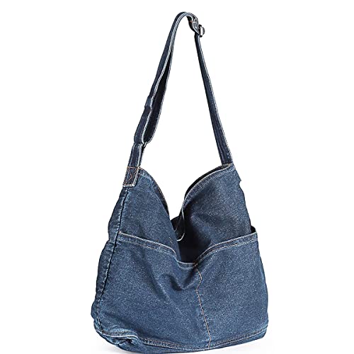 Denim Shoulder Bag Large Hobo Tote Bag Casual Canvas Bag Retro Crossbody Bag for School Travel Work (Dark Blue)