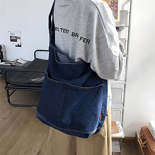 Denim Shoulder Bag Large Hobo Tote Bag Casual Canvas Bag Retro Crossbody Bag for School Travel Work (Dark Blue)