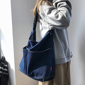 Denim Shoulder Bag Large Hobo Tote Bag Casual Canvas Bag Retro Crossbody Bag for School Travel Work (Dark Blue)