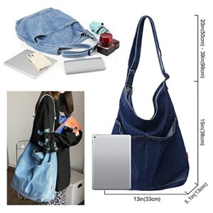 Denim Shoulder Bag Large Hobo Tote Bag Casual Canvas Bag Retro Crossbody Bag for School Travel Work (Dark Blue)