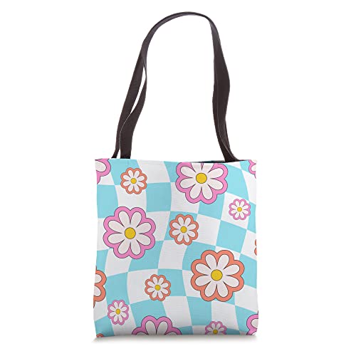 Retro Groovy Flower Hippie Daisy 60s Turquoise Checker Tote Bag