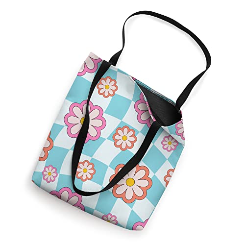 Retro Groovy Flower Hippie Daisy 60s Turquoise Checker Tote Bag