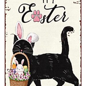 Ascigo Easter Signs Outdoor Happy Easter Garden Black Cat Rabbit Bunny Easter Egg Welcome Tin Sign Chic Art Wall Metal Decorations Funny Iron Plaque Signs Gift for Living Room Office 8x12 inch