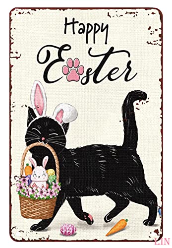 Ascigo Easter Signs Outdoor Happy Easter Garden Black Cat Rabbit Bunny Easter Egg Welcome Tin Sign Chic Art Wall Metal Decorations Funny Iron Plaque Signs Gift for Living Room Office 8x12 inch