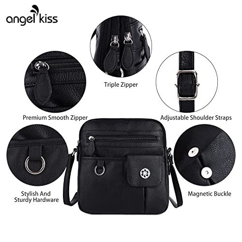 Angel Kiss Vegan Leather Crossbody Bag Women Shoulder Purse Female Multiple Zipper Pockets