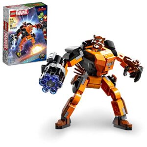 lego marvel rocket mech armor set 76243, guardians of the galaxy racoon buildable action figure toy, avengers collectable gift idea for kids 6 plus years old