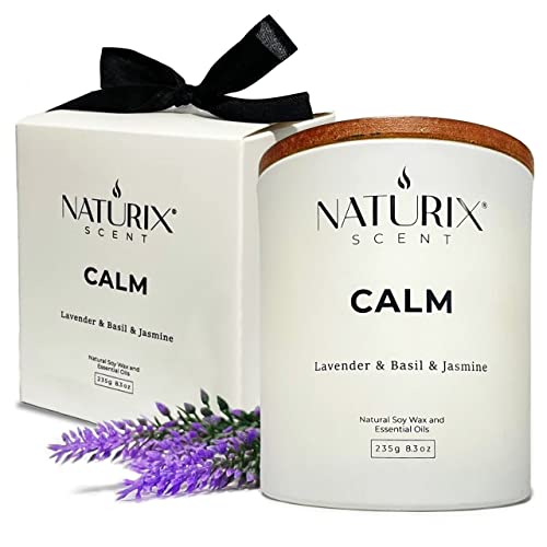 Naturix Scented Candles for Home, Non Toxic Soy Candle – 50 H Long Lasting, Calming Natural Essential Oil Blend - Lavender, Basil & Jasmine - Aromatherapy Candle Jar with Lid - Gift Ready, 8.3oz