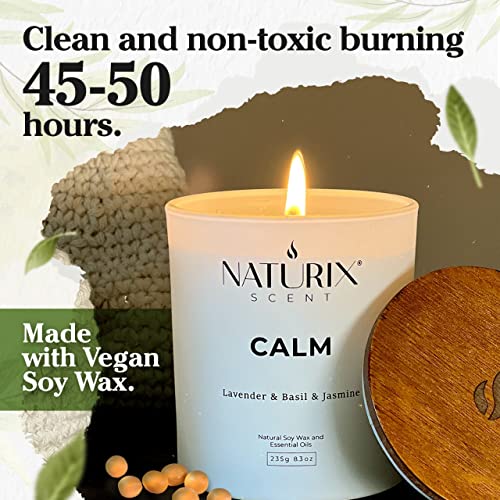 Naturix Scented Candles for Home, Non Toxic Soy Candle – 50 H Long Lasting, Calming Natural Essential Oil Blend - Lavender, Basil & Jasmine - Aromatherapy Candle Jar with Lid - Gift Ready, 8.3oz