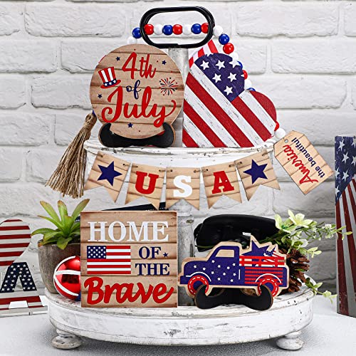 14 Pcs Patriotic Tiered Tray Decor Bundle 4th of July Wood Signs Mini Signs Red White Blue Decorations Veterans Day American Star Decor for Independence Day Home Table Decor Labor Day (Retro)