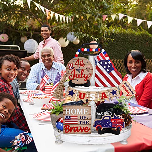 14 Pcs Patriotic Tiered Tray Decor Bundle 4th of July Wood Signs Mini Signs Red White Blue Decorations Veterans Day American Star Decor for Independence Day Home Table Decor Labor Day (Retro)