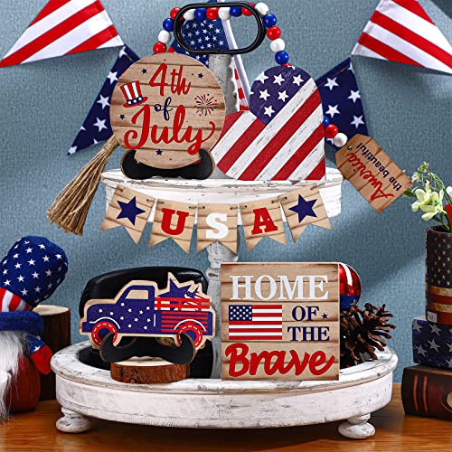 14 Pcs Patriotic Tiered Tray Decor Bundle 4th of July Wood Signs Mini Signs Red White Blue Decorations Veterans Day American Star Decor for Independence Day Home Table Decor Labor Day (Retro)